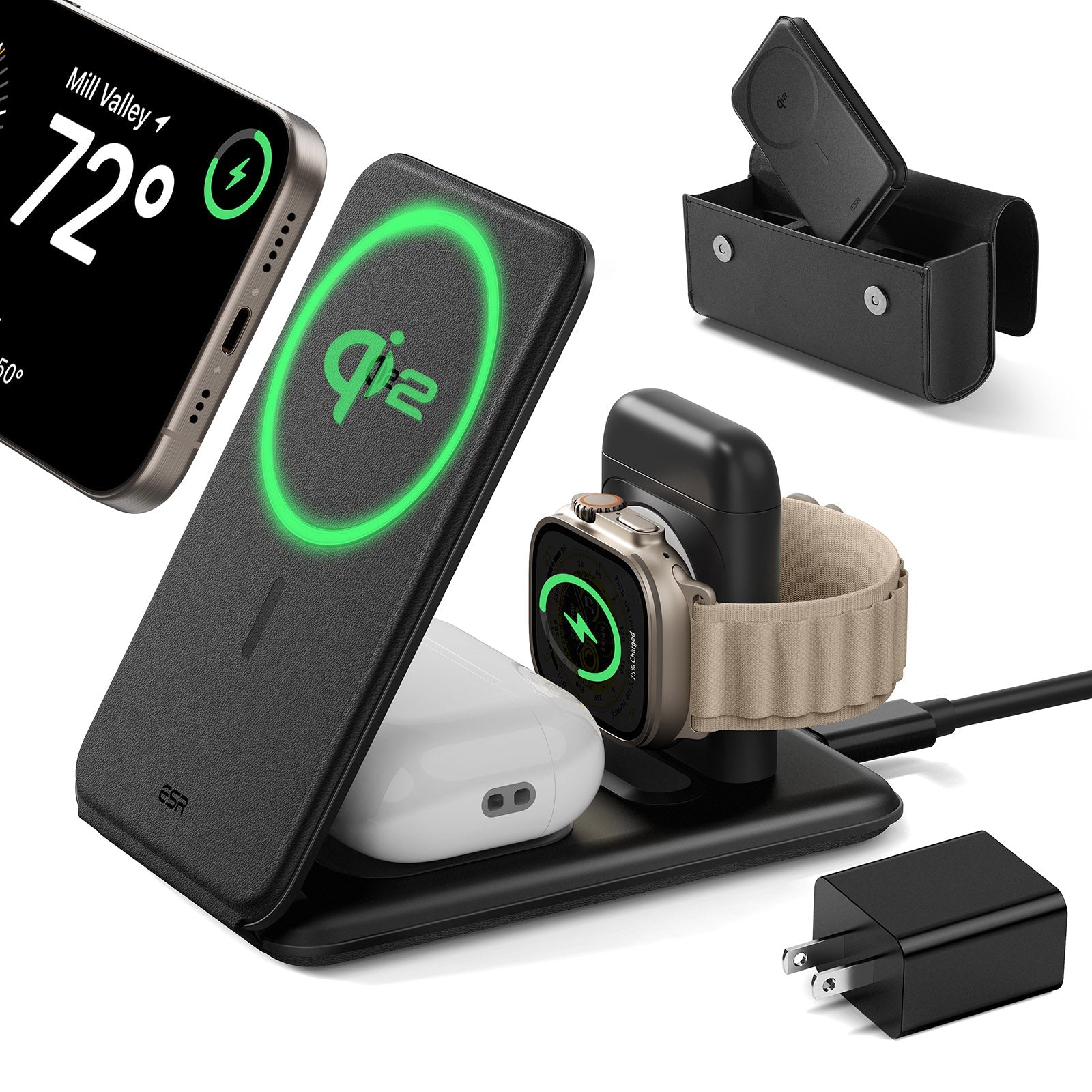 Qi2 3-in-1 Travel Wireless Charging Set with pouch-ESR